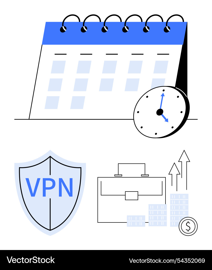 Calendar with clock vpn shield and business Vector Image