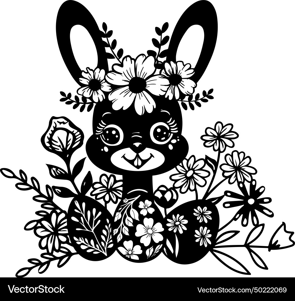 Easter bunny svg cut file rabbit with flowers Vector Image
