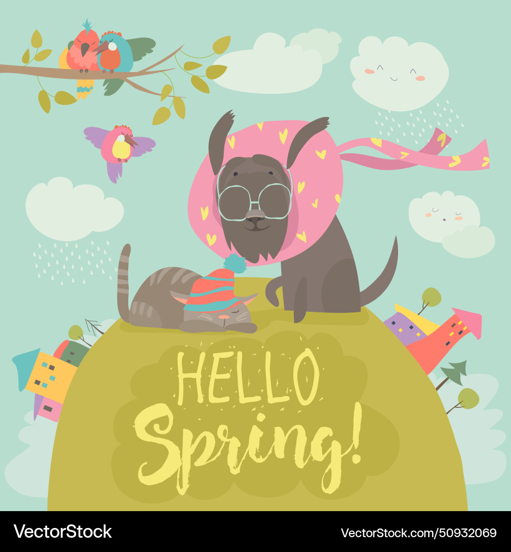 Funny dog and cute cat meeting spring Royalty Free Vector