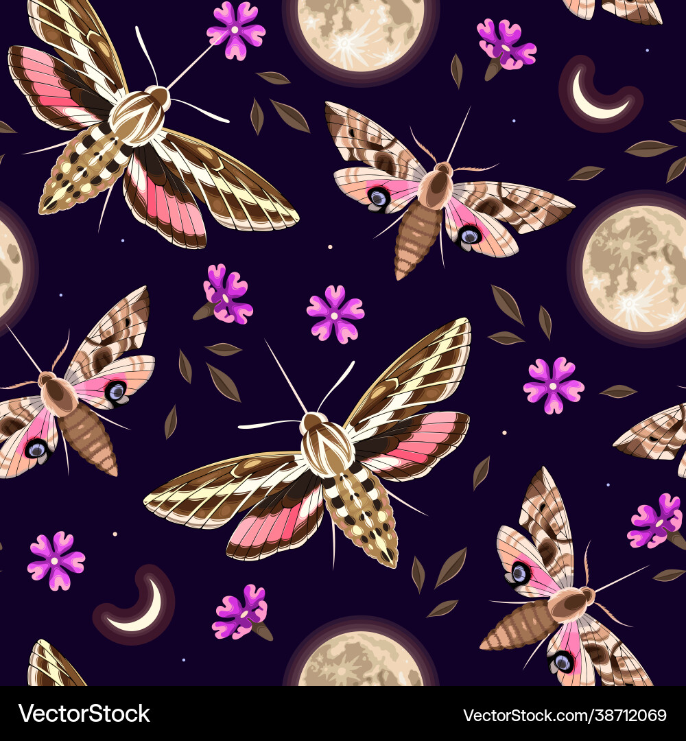 Seamless pattern with moth and flowers Royalty Free Vector
