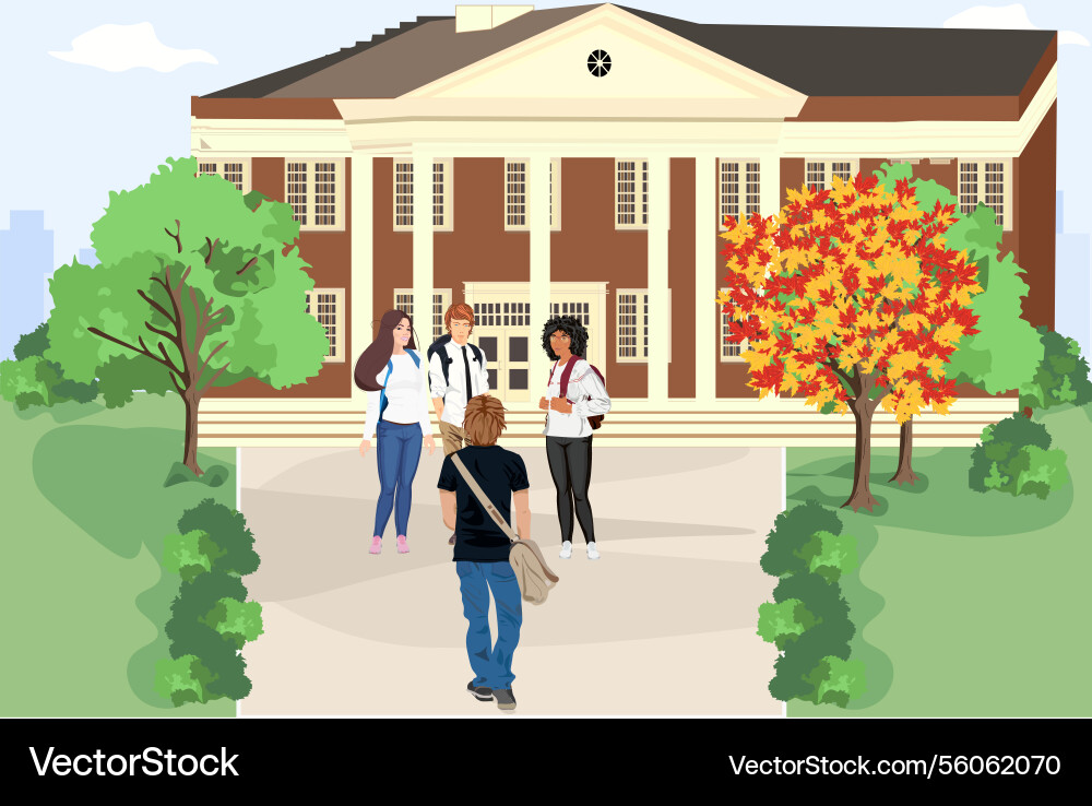 Students stand near high school building front Vector Image