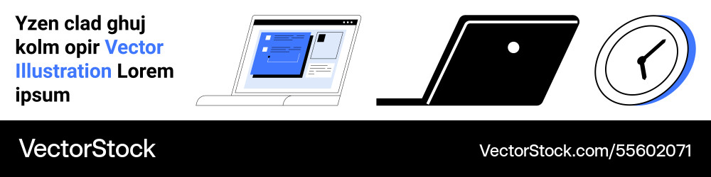 Laptop workspace elements with clock Royalty Free Vector