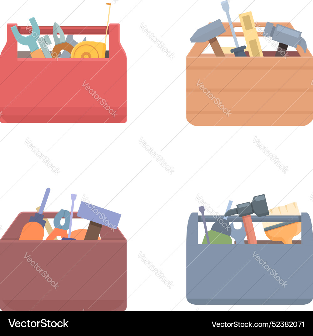 Wooden toolbox icons set cartoon Royalty Free Vector Image