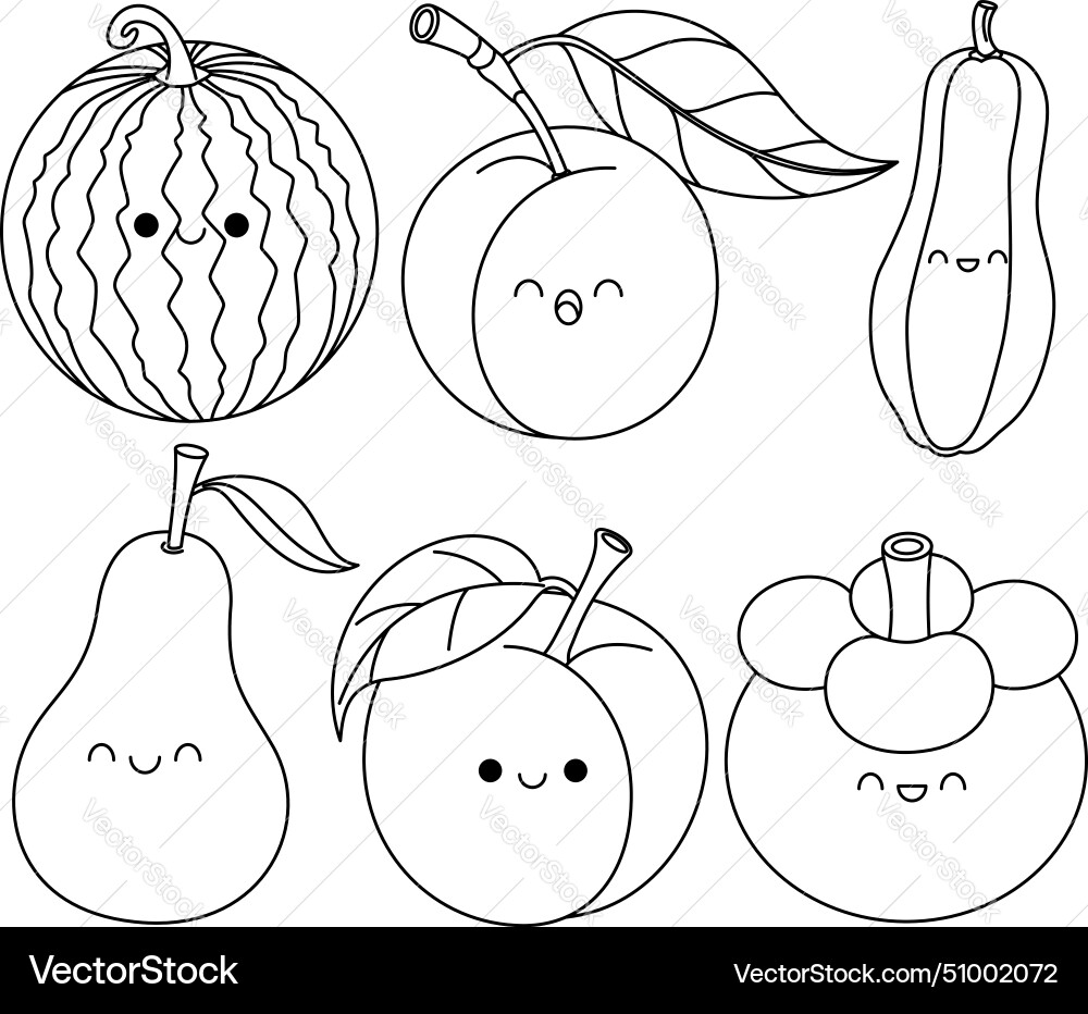 Cute Fruit Coloring Pages - Kawaii Style Vector Image