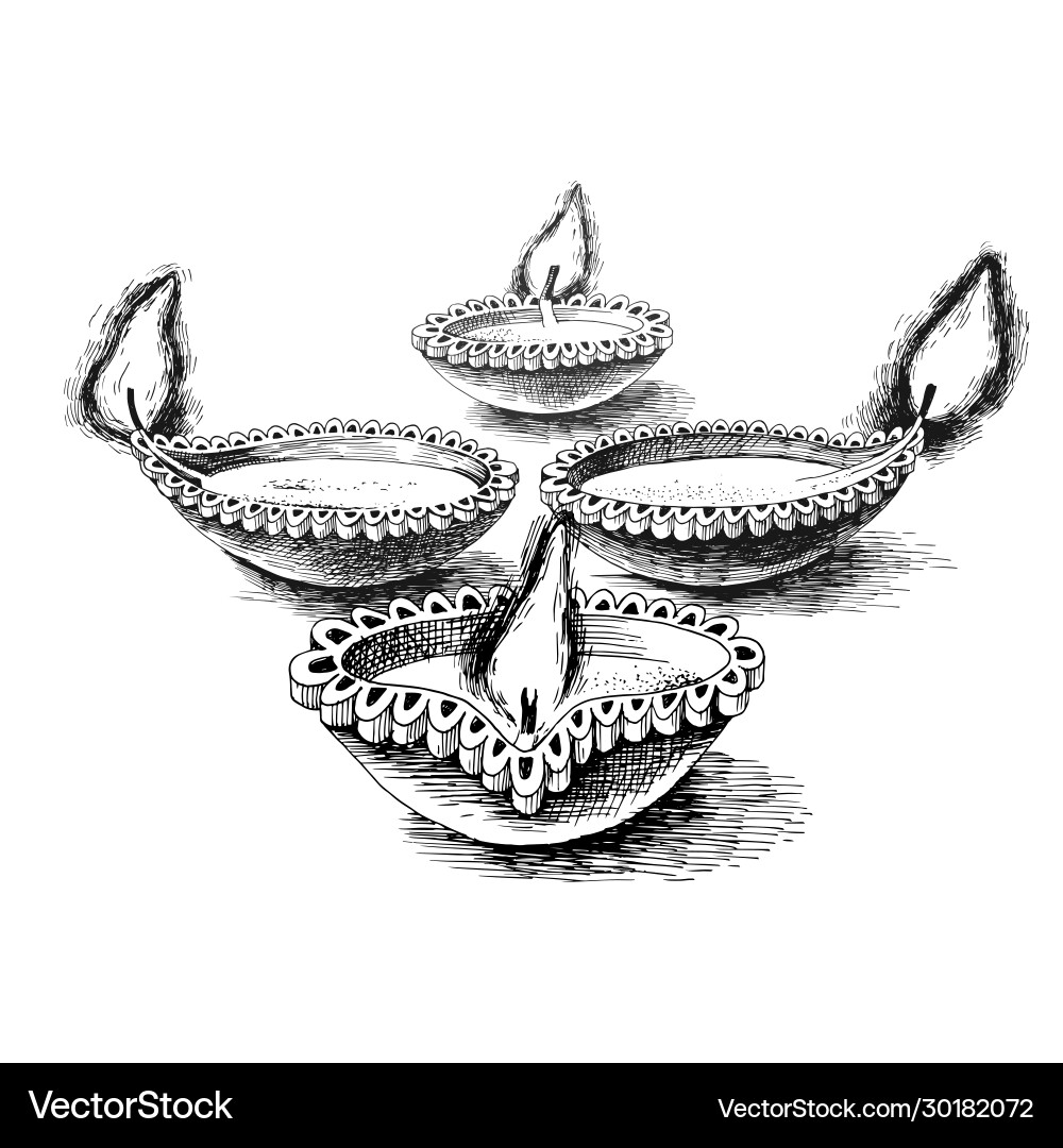 Hand drawn background with lit diya lamps Vector Image