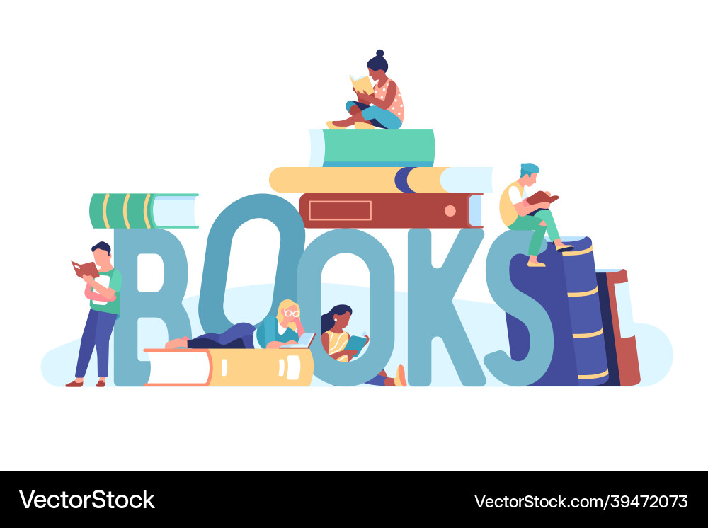 Books word people readers characters around big Vector Image