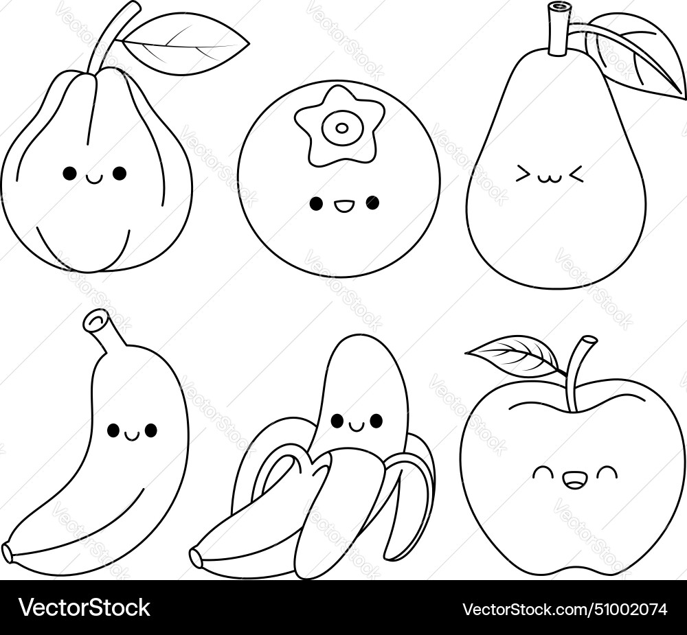 Set of cute kawaii fruit coloring page hand drawn Vector Image