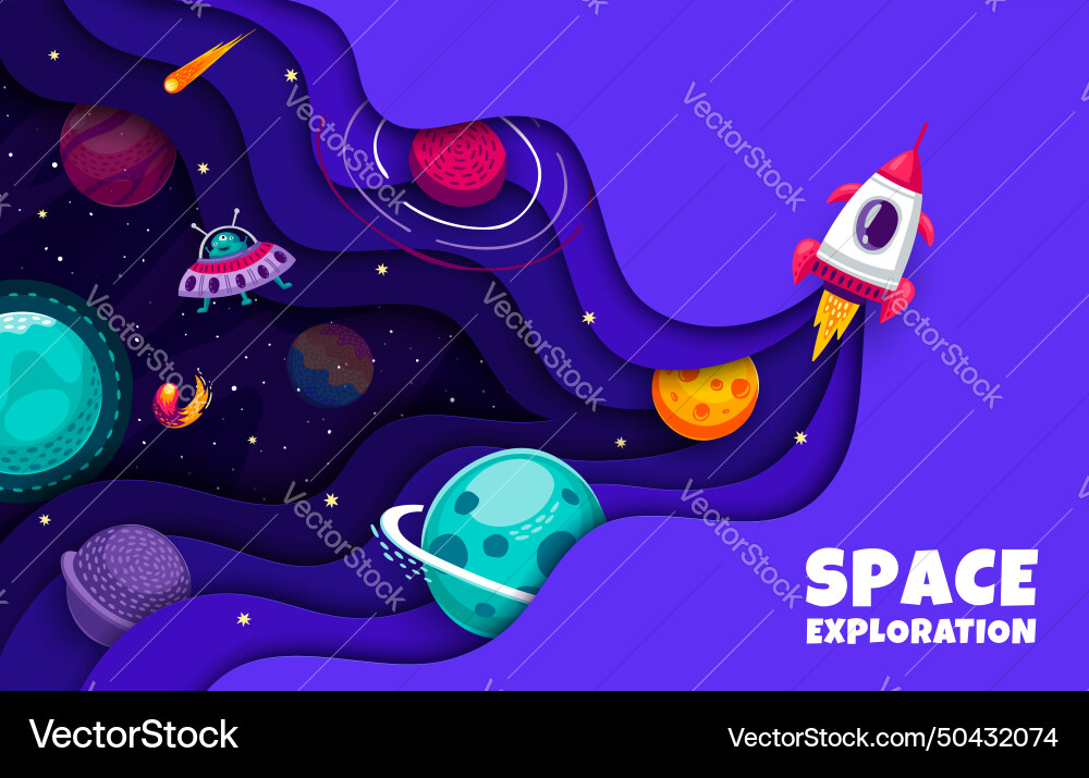 Space paper cut landscape rocket ufo planets Vector Image Space paper cut landscape rocket ufo planets Vector Image