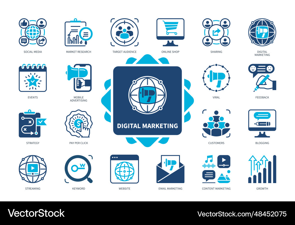 Digital marketing solid icon set Royalty Free Vector Image