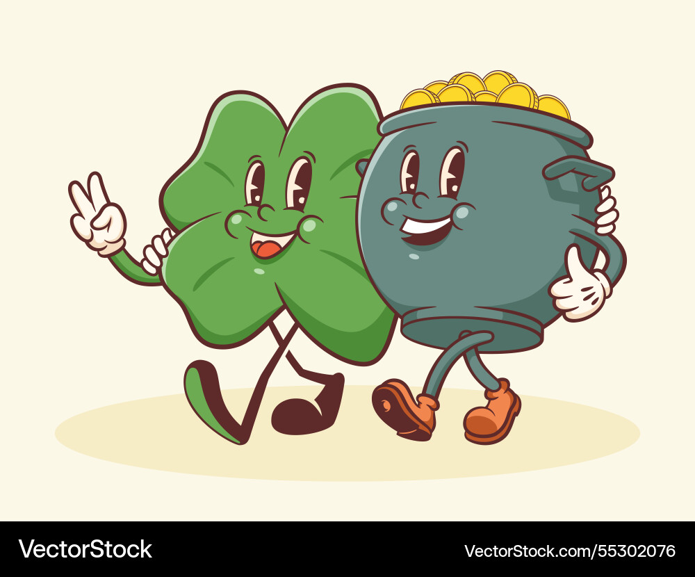 Saint patrick day groovy shamrock and gold coins Vector Image