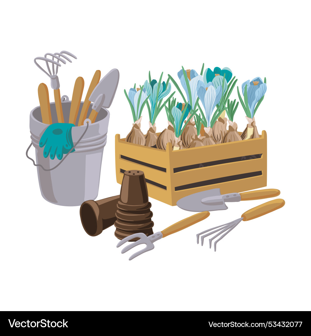 Drawing garden tools and flowers Royalty Free Vector Image