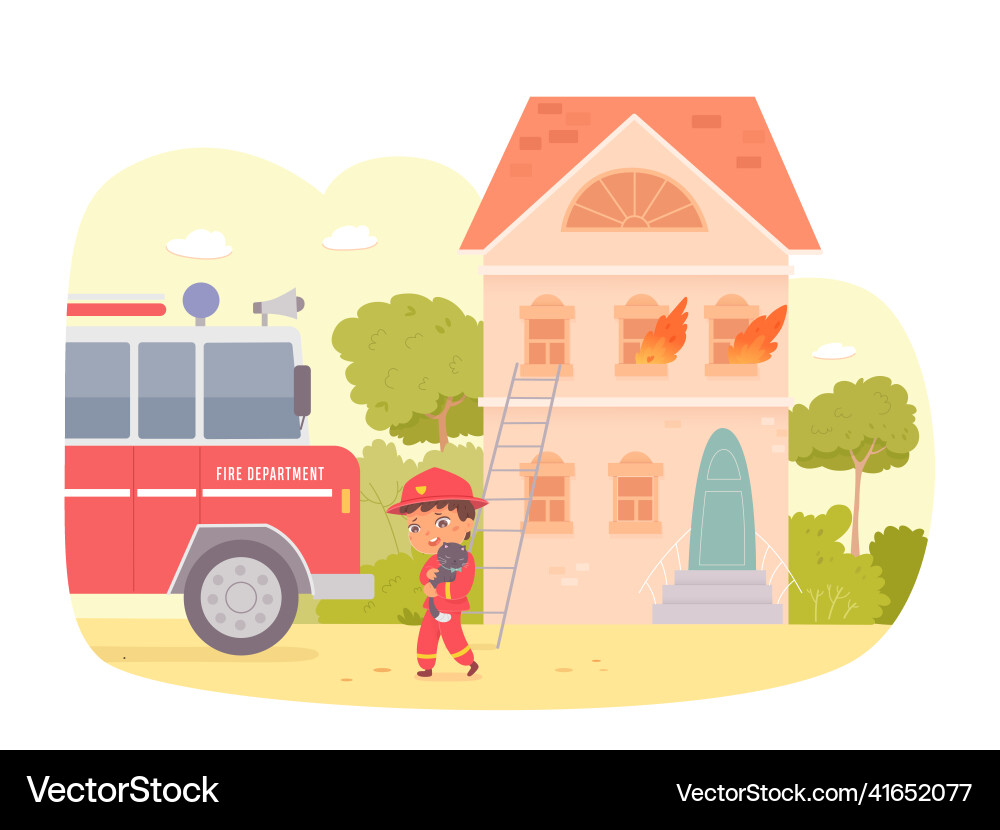 Kid firefighter rescuing cat boy child rescuer Vector Image