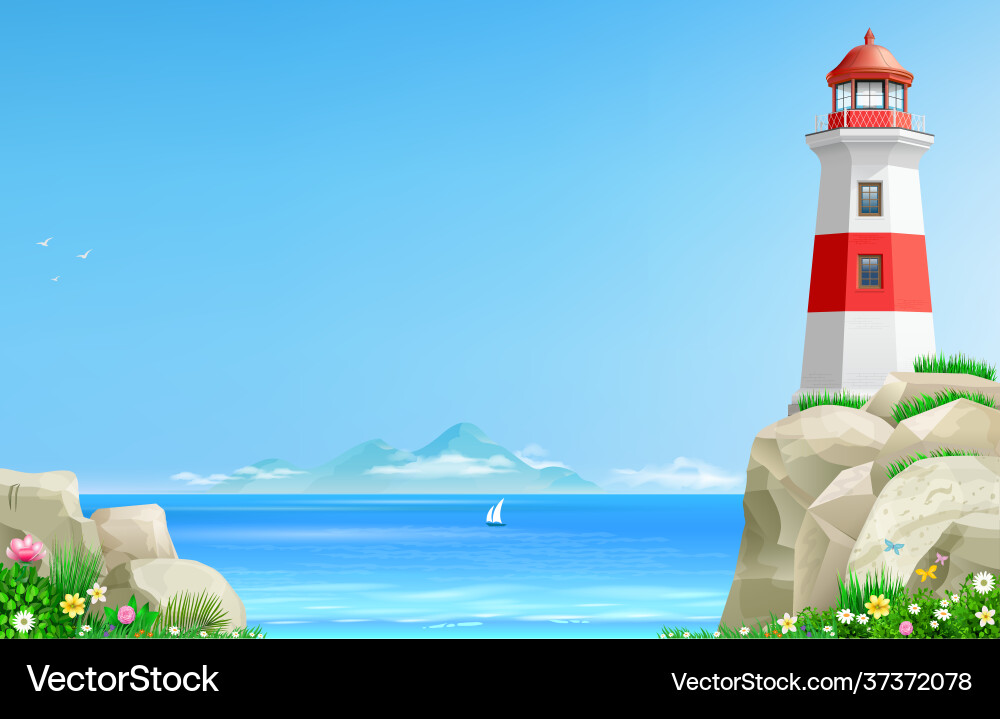 Landscape with lighthouse on background sea Vector Image