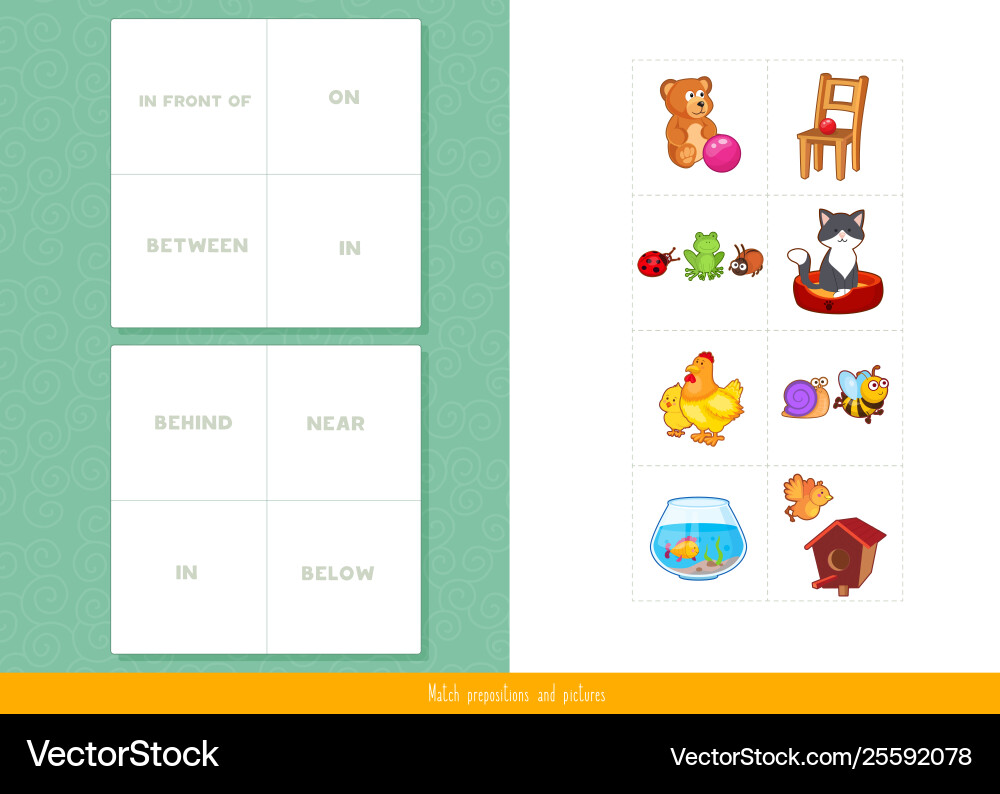 Match prepositions with pictures Royalty Free Vector Image
