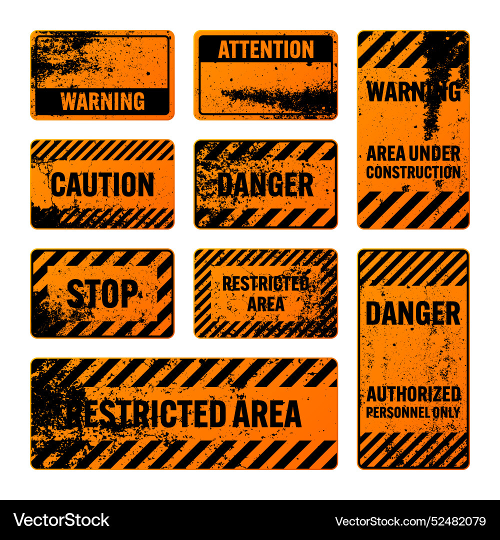 Orange grunge warning signs with diagonal lines Vector Image