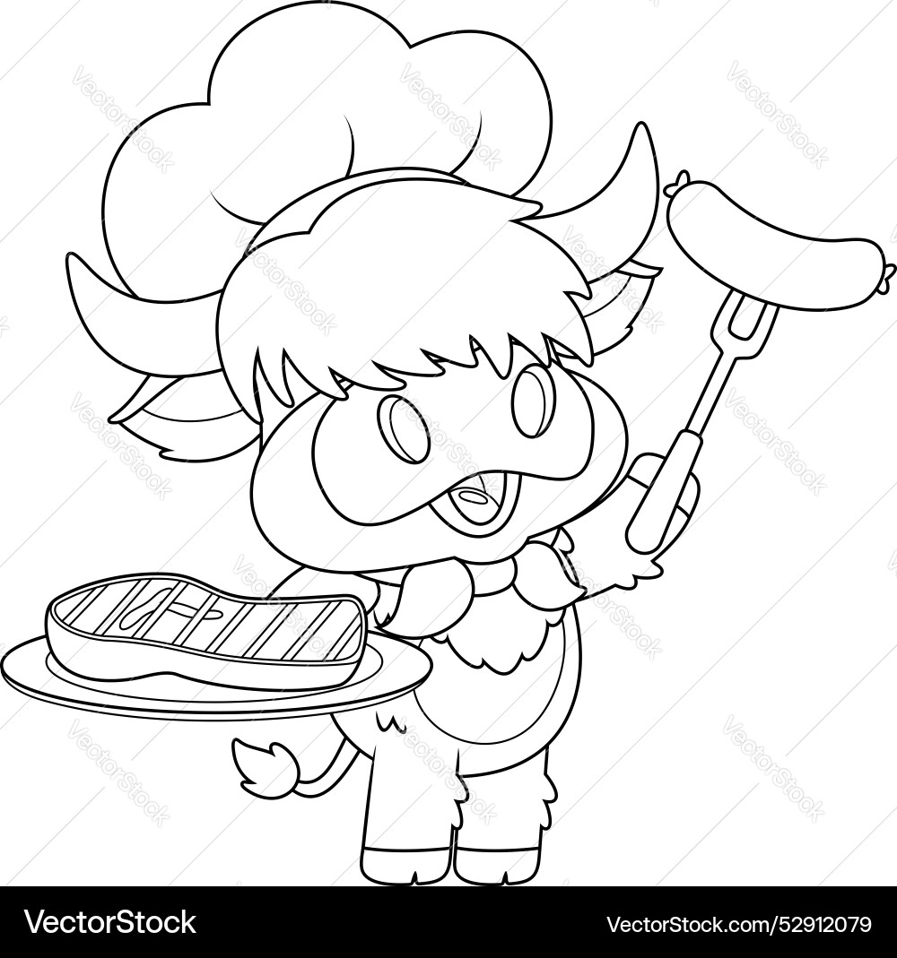 Outlined cute highland cow chef Royalty Free Vector Image