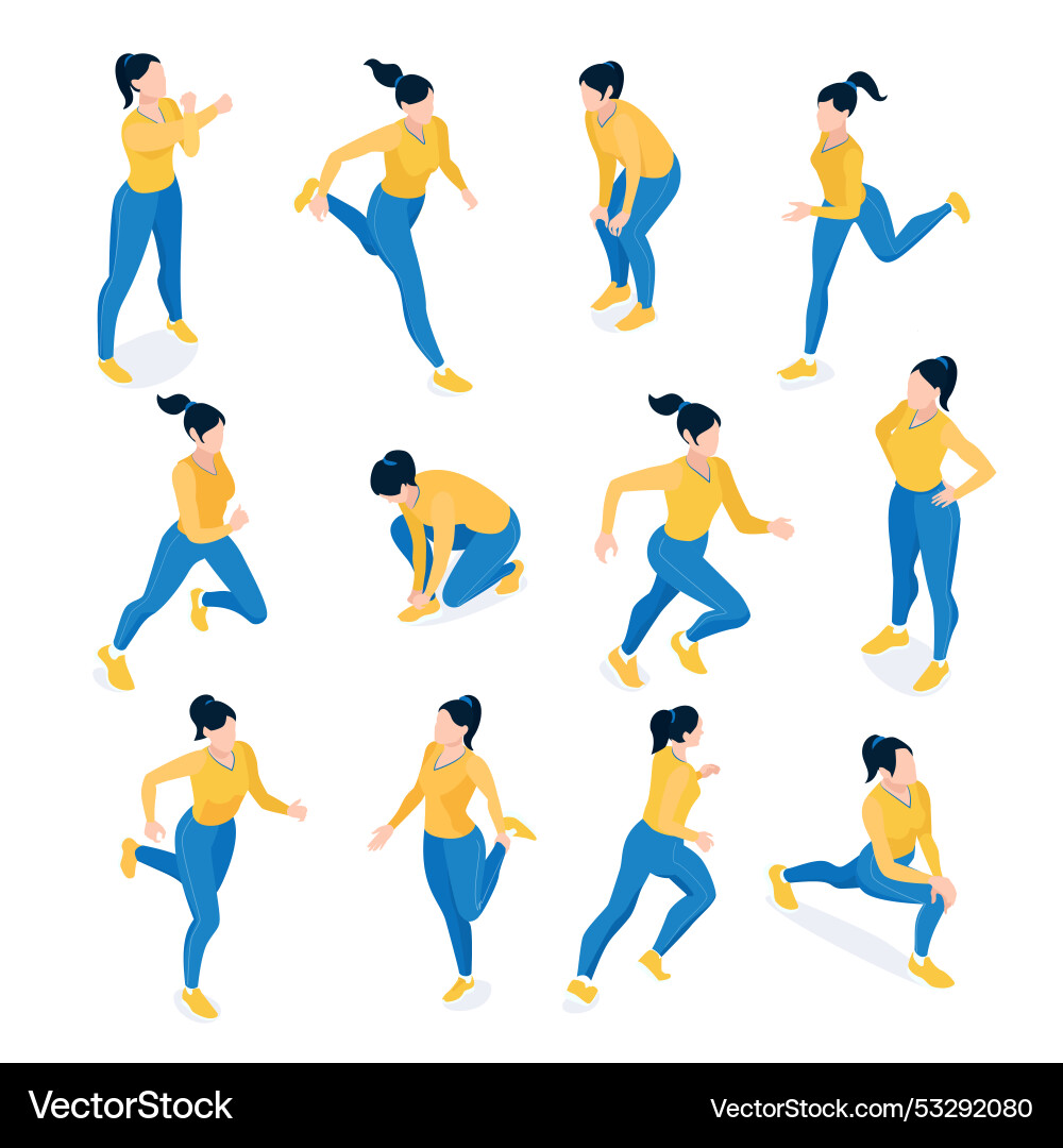 Isometric female runner different poses running Vector Image