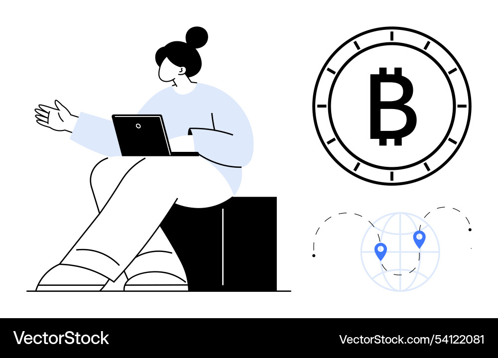 Person with laptop alongside bitcoin symbol Vector Image