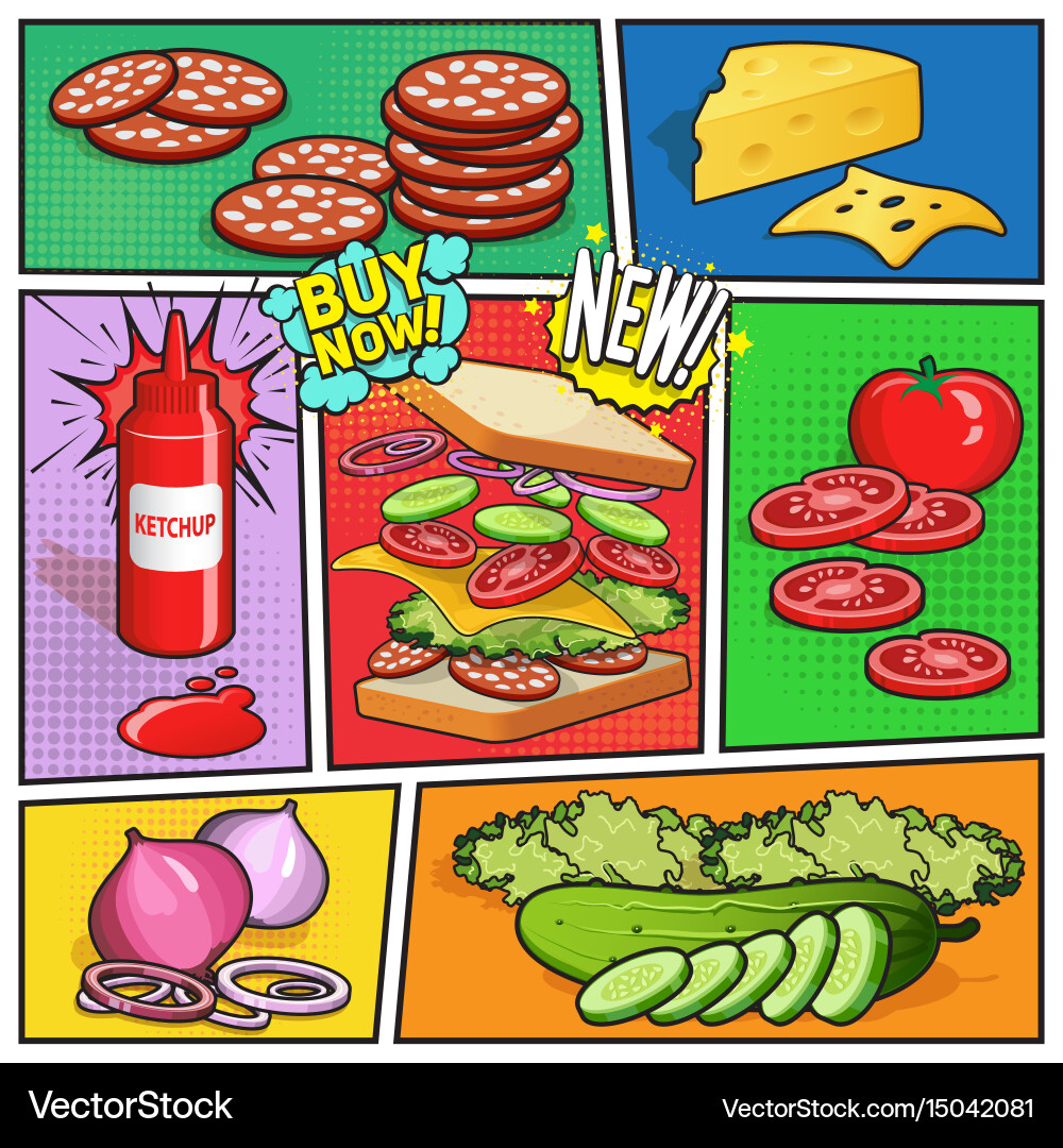 Sandwich advertising comic page Royalty Free Vector Image