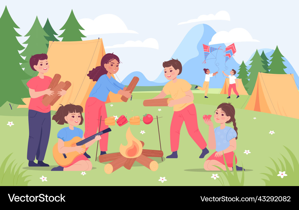Cute children at summer camp in mountains Vector Image