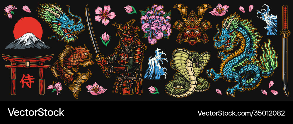 Japanese traditional colorful elements set Vector Image