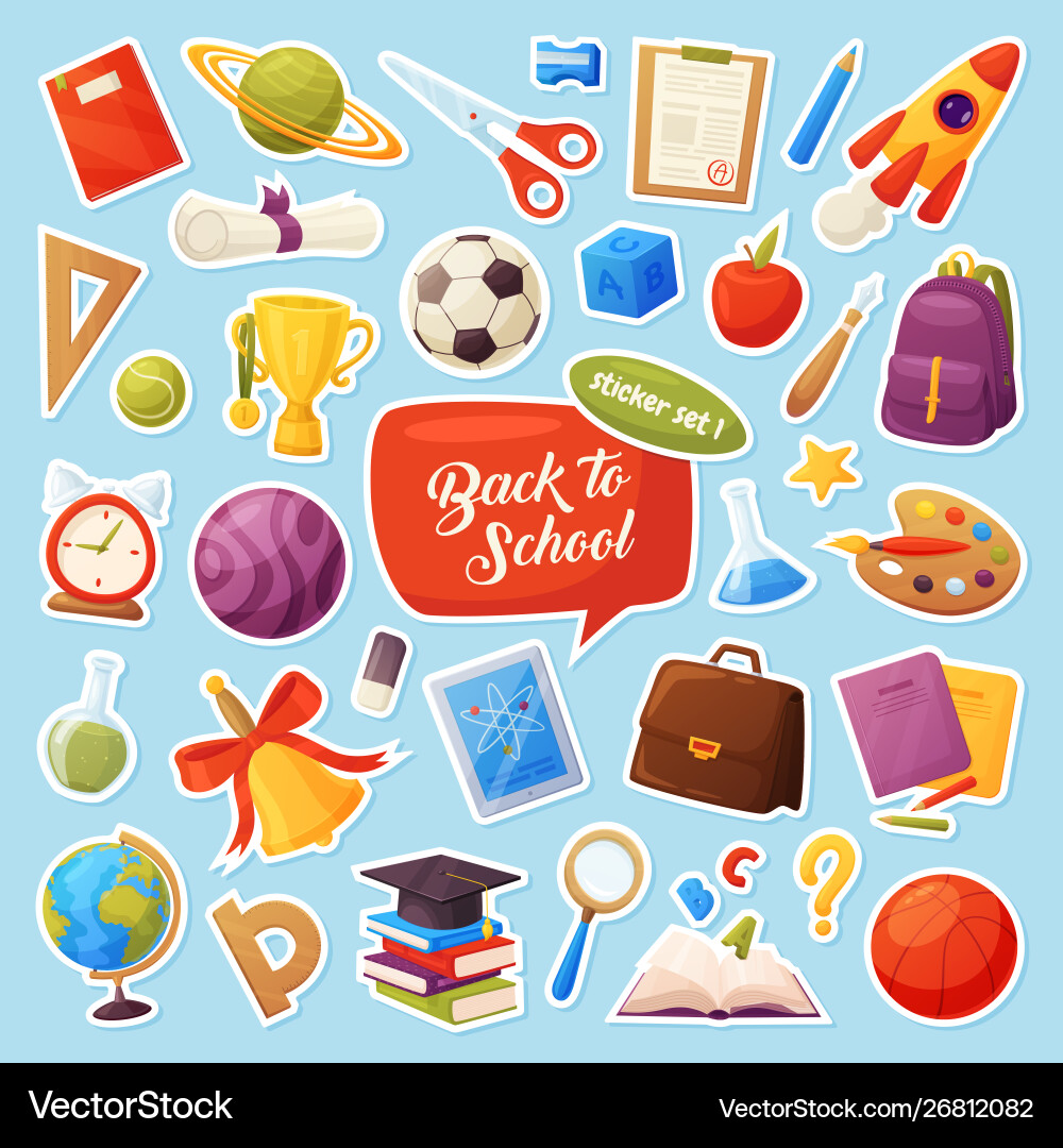 Set school items stickers cartoon objects Vector Image