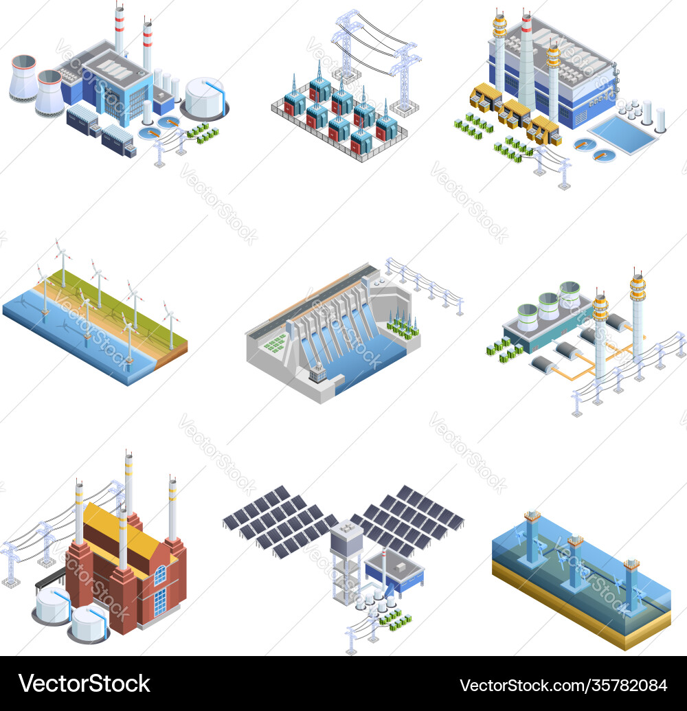 Electricity generation plants images set Vector Image