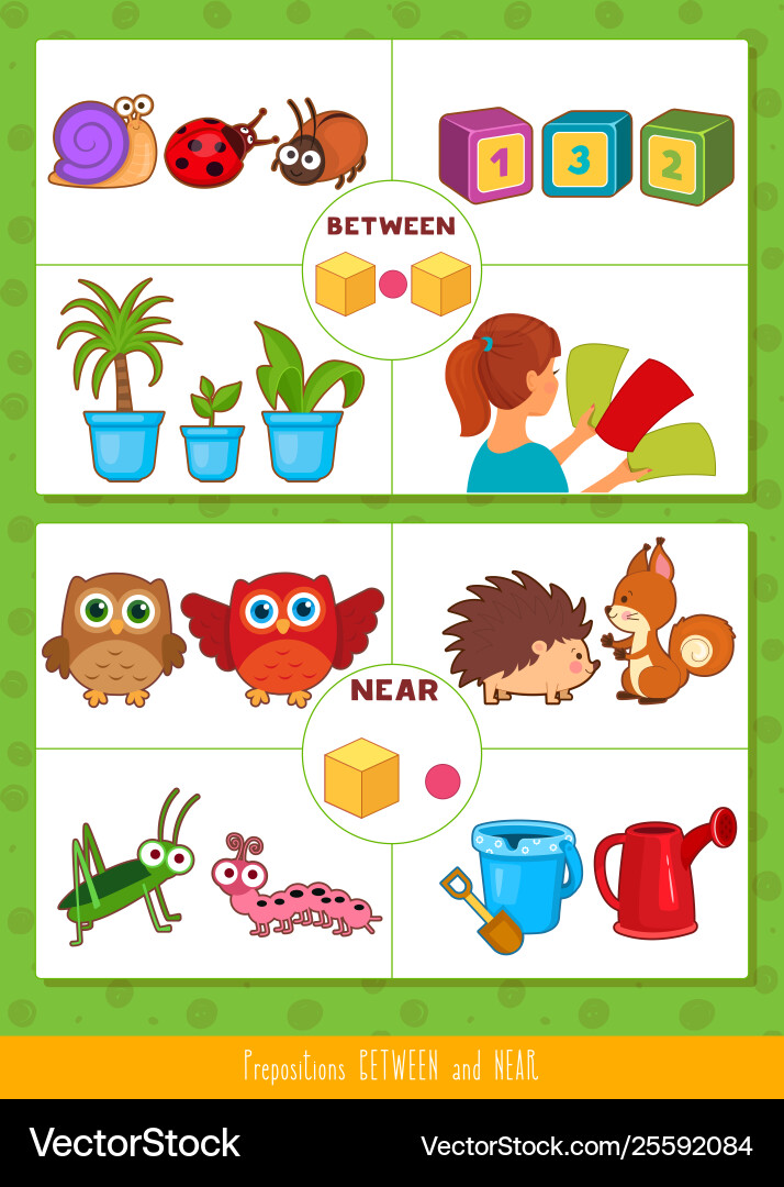 Prepositions between and near Royalty Free Vector Image