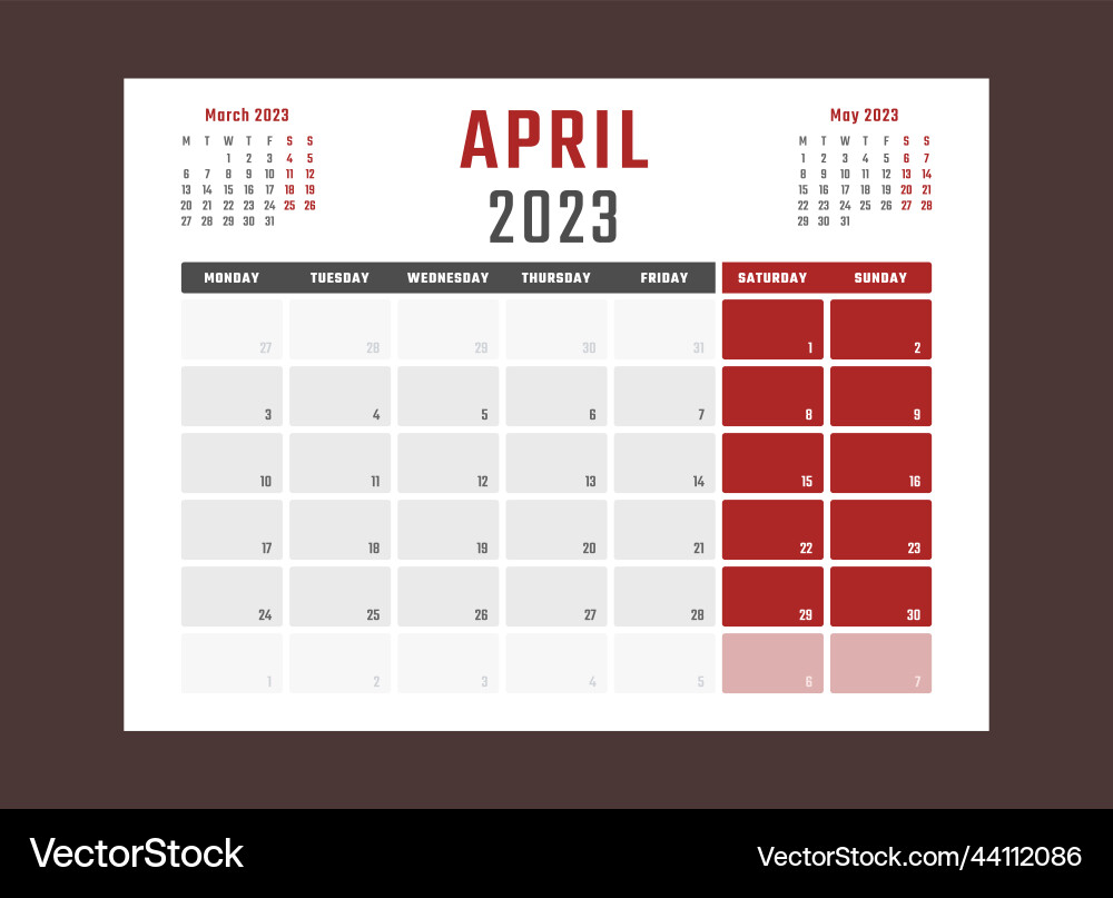 Calendar for april 2023 starts monday Royalty Free Vector