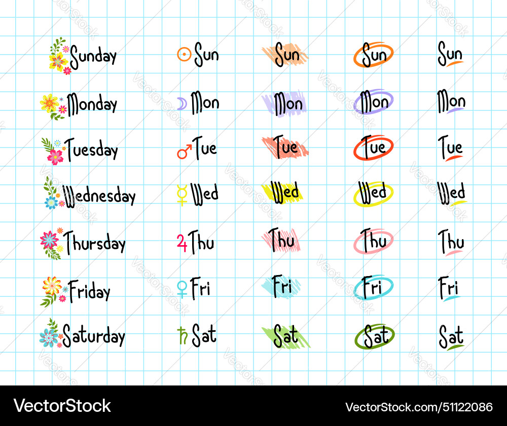 Weekdays doodle lettering for diary timetable Vector Image