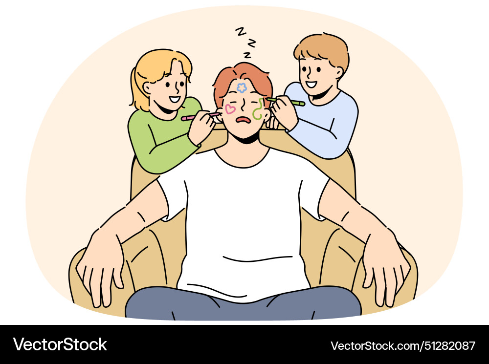 Naughty smiling children draw on sleeping father Vector Image