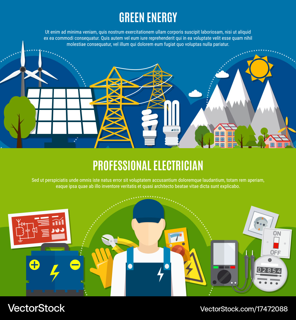 Electrician and clean energy flat banners Vector Image