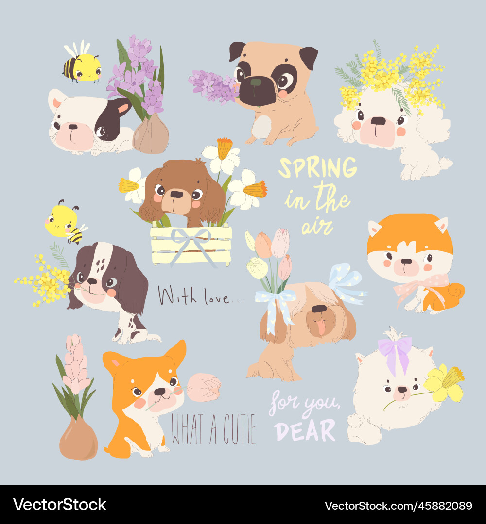 Cute Spring Puppies & Flowers Royalty Free Vector Image