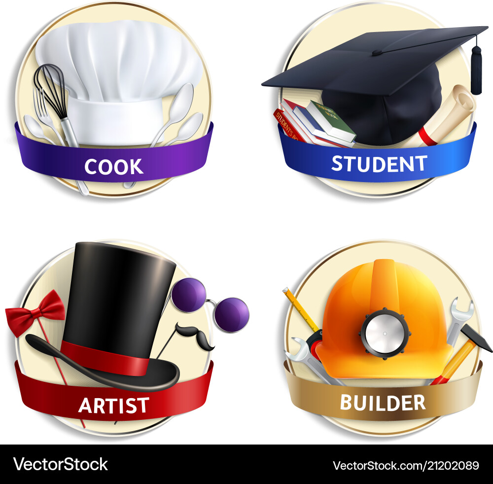 Different professions hats realistic emblems Vector Image