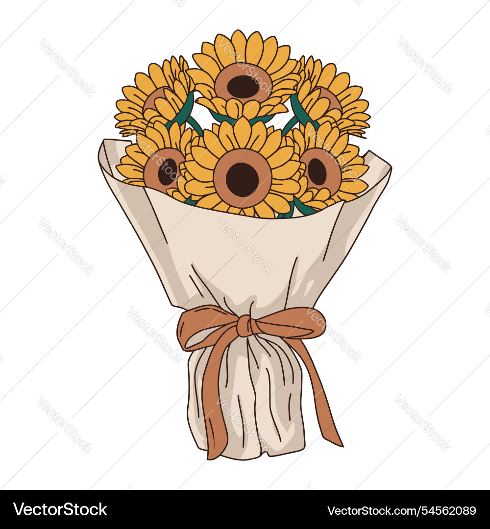 Sunflower bouquet with ribbon Royalty Free Vector Image