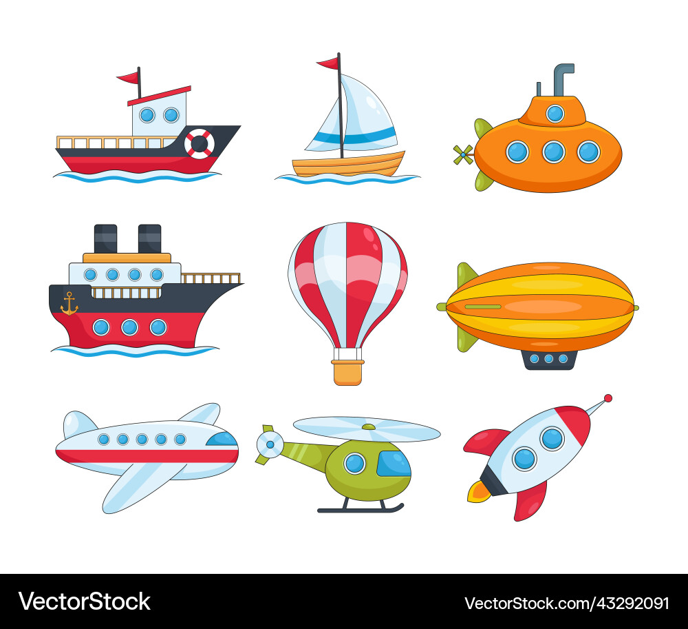 Different water and air transport set Royalty Free Vector