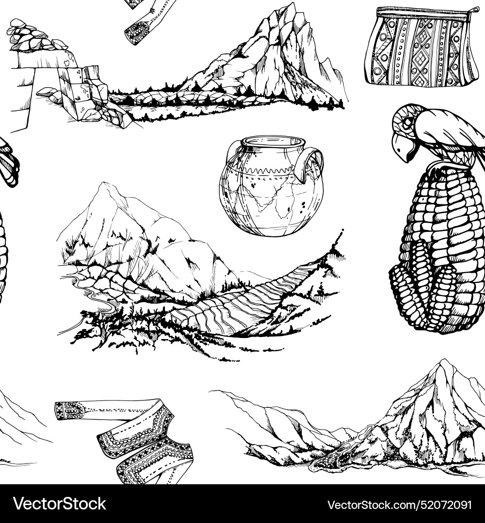 Hand drawn ink peru symbols landscapes ceramic Vector Image