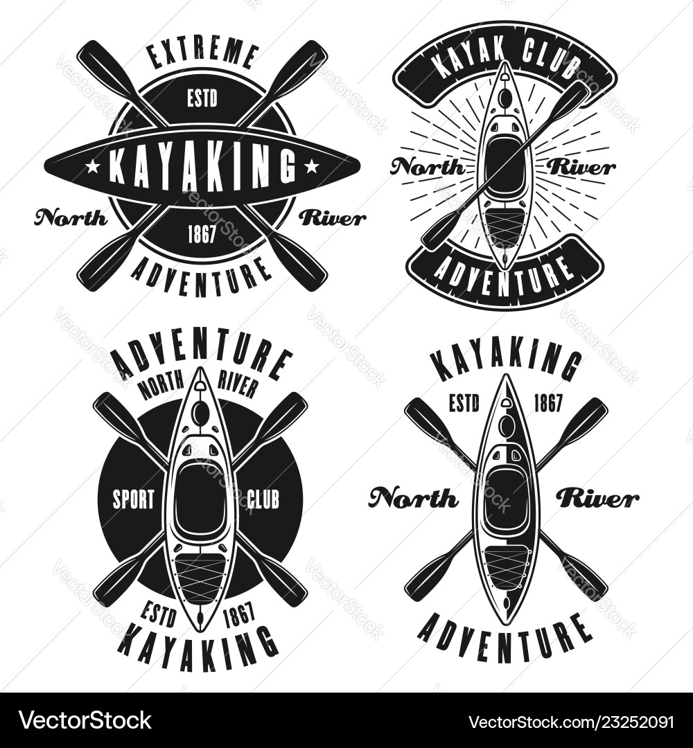 Kayaking set of four monochrome emblems Royalty Free Vector