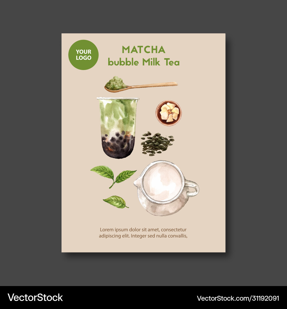 Matcha bubble milk tea set poster ad flyer Vector Image