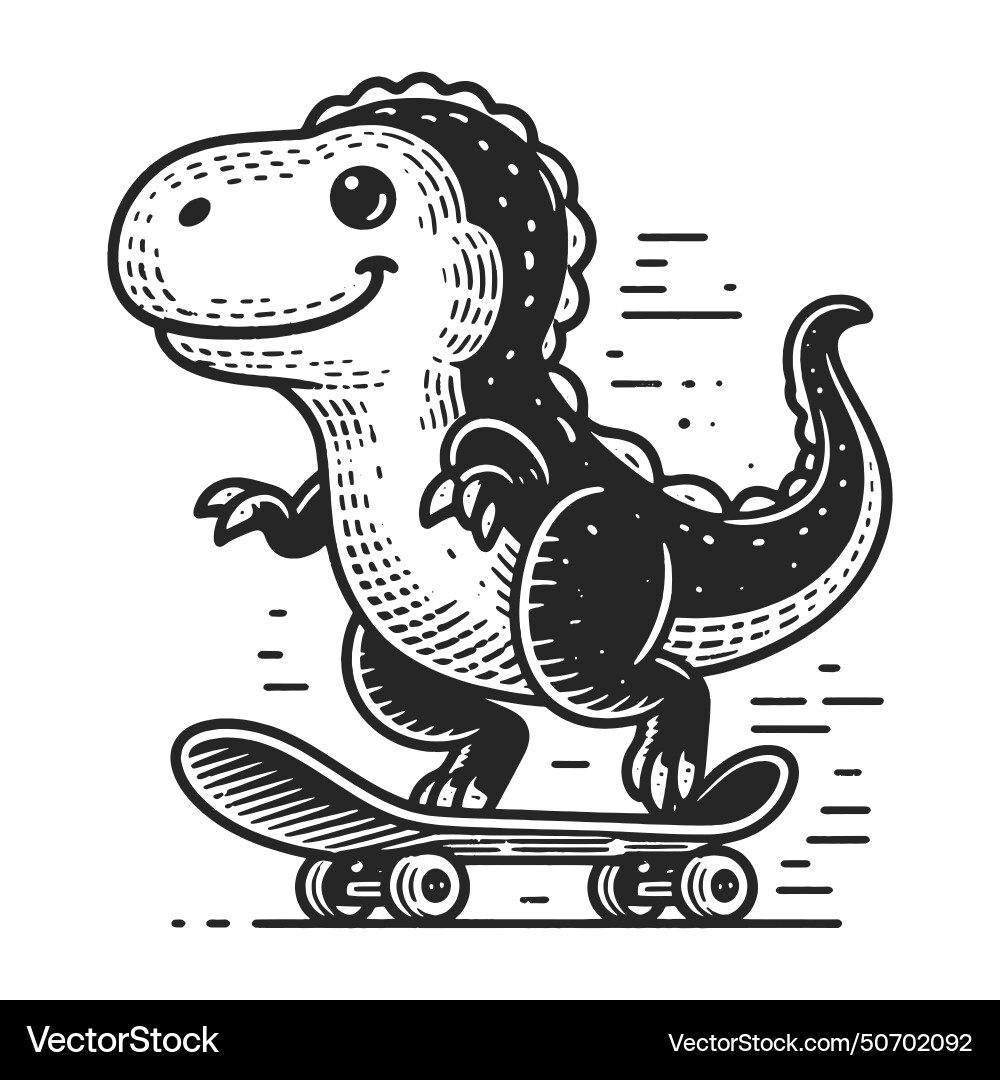 Cartoon dinosaur riding skateboard sketch Vector Image