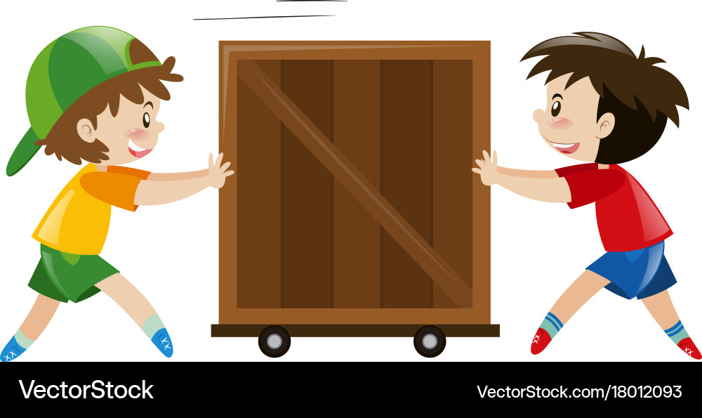 Two boys pushing wooden box Royalty Free Vector Image