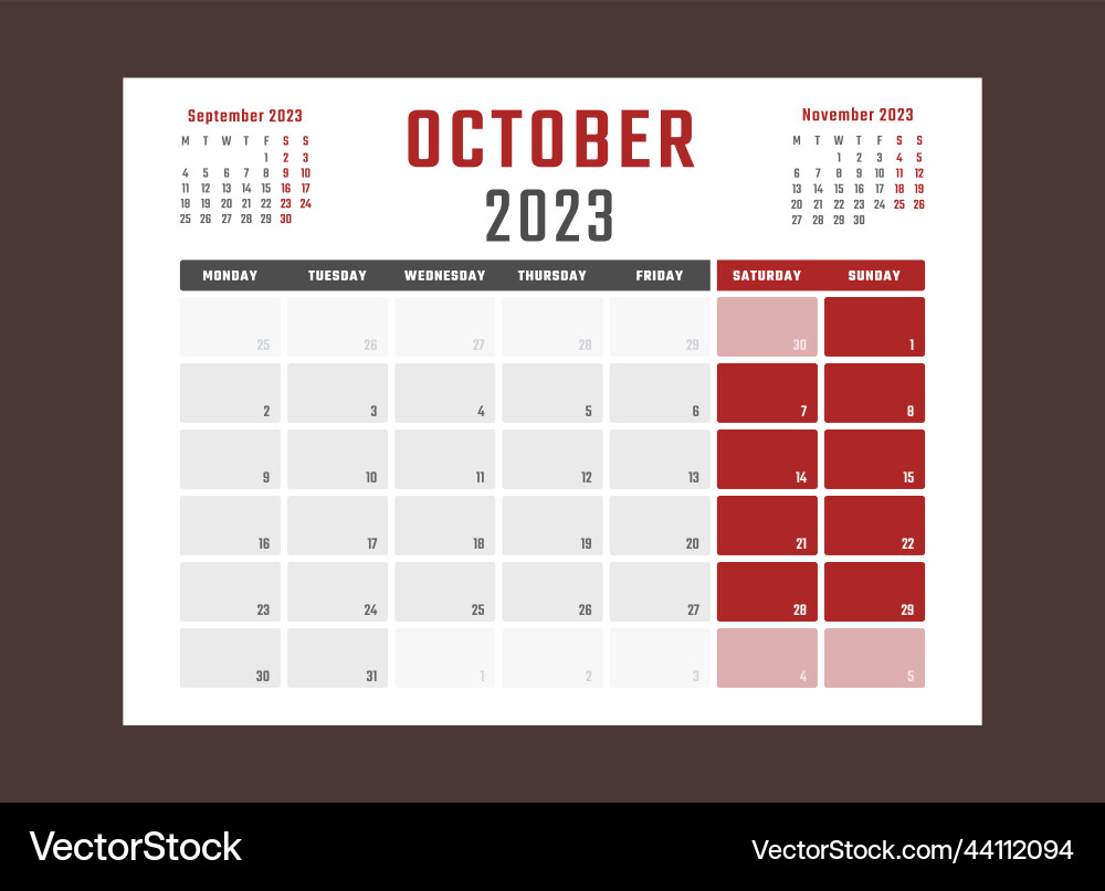 Calendar for october 2023 starts monday Royalty Free Vector