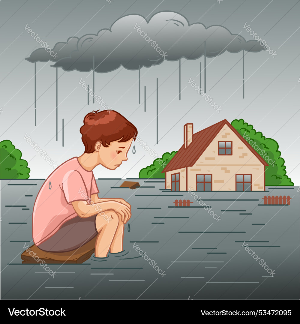 Cartoon boy who suffers from flood Royalty Free Vector Image