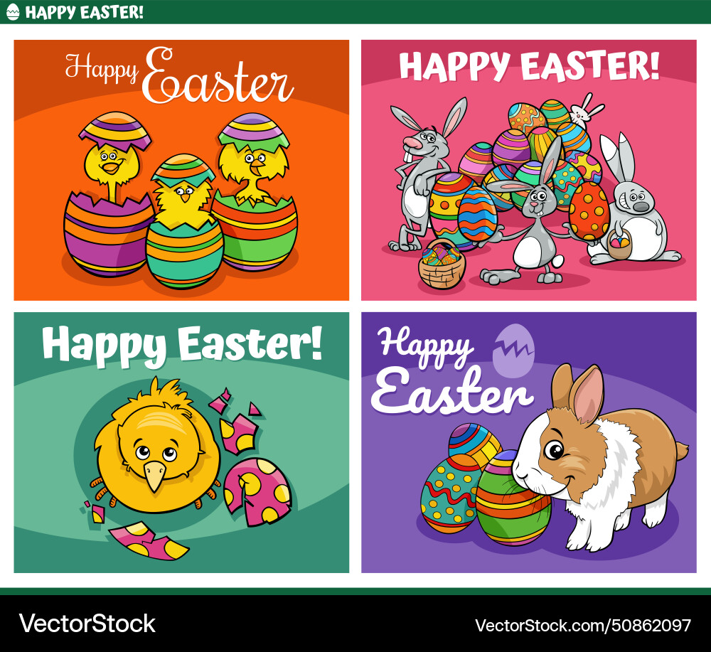 Cartoon easter greeting cards set with bunnies Vector Image