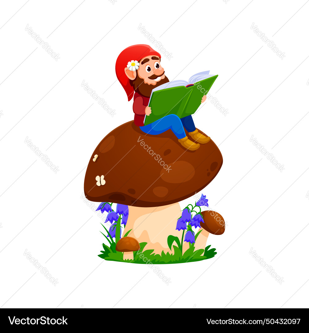 Cartoon gnome or dwarf character reading book Vector Image