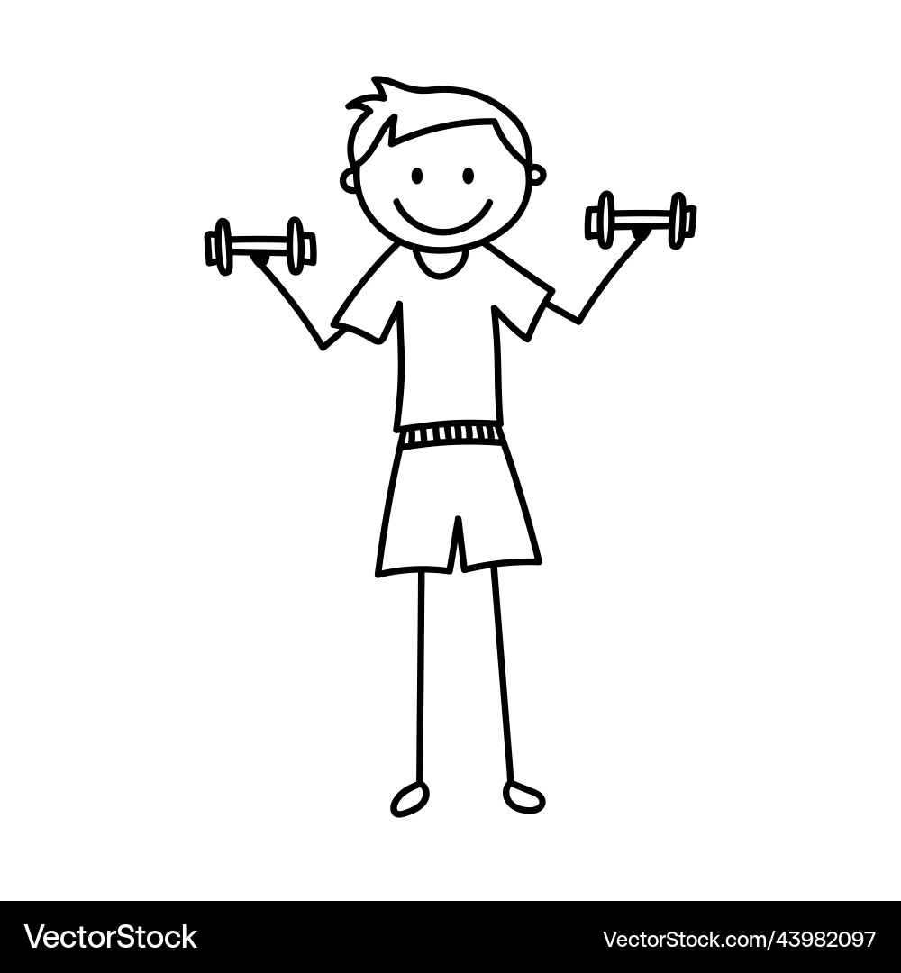 Cute stick man with dumbbells athlete does Vector Image