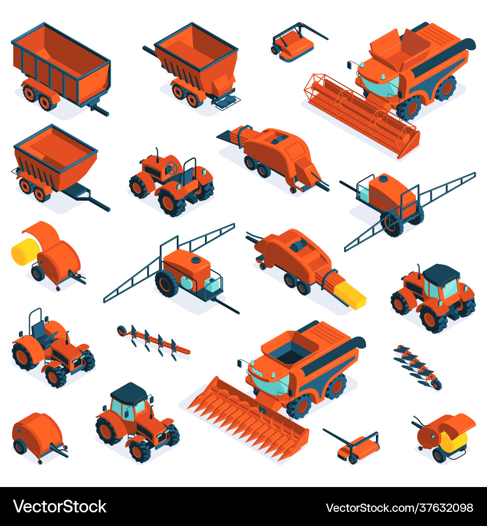 Isometric agricultural farm equipment set Vector Image