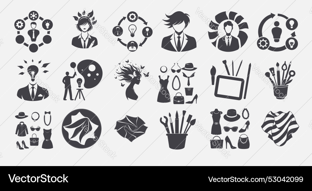 Set black white icons art creativity featuring Vector Image