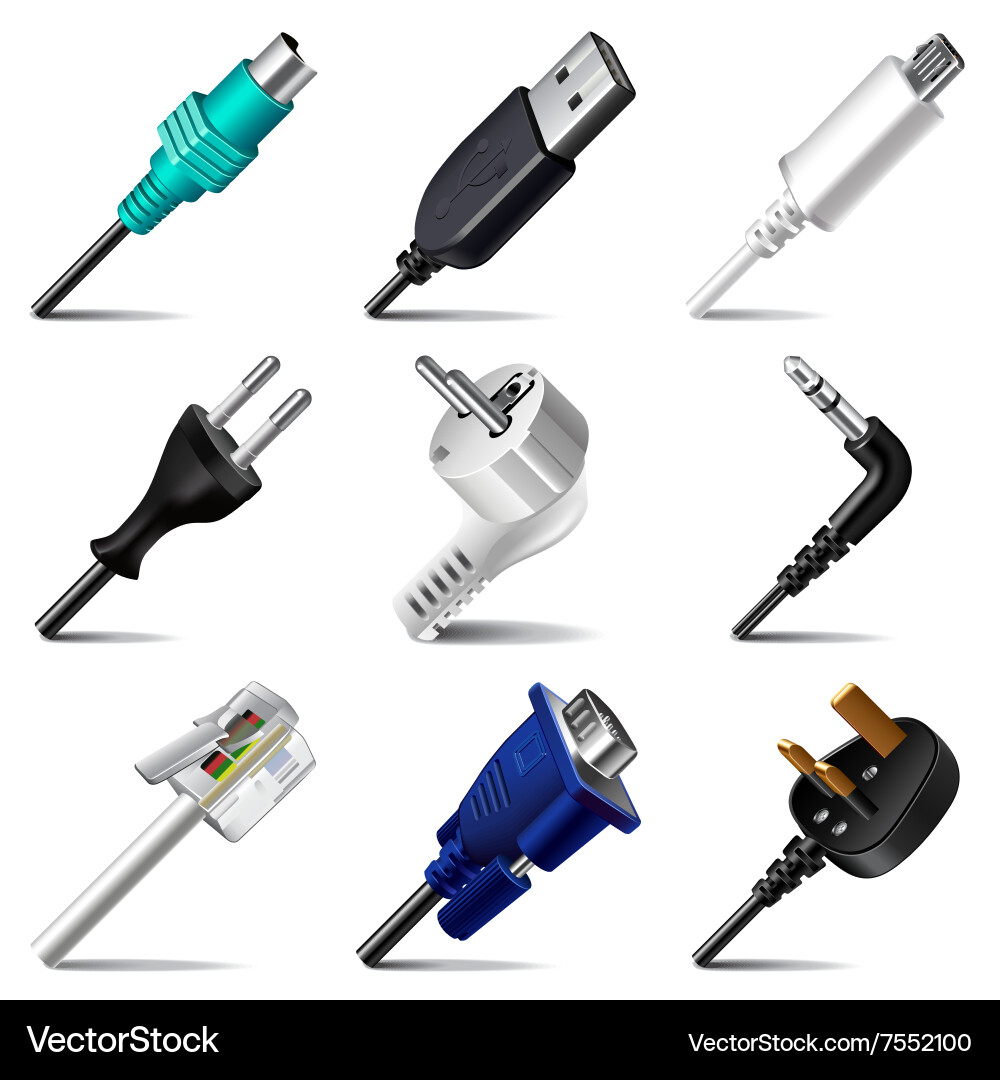 Cables and plugs icons set Royalty Free Vector Image