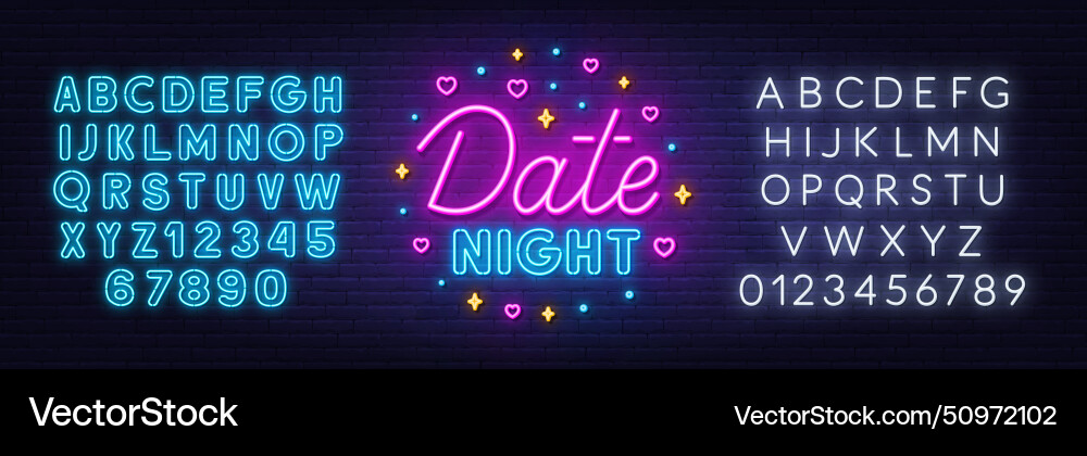 Date night neon sign on brick wall background Vector Image